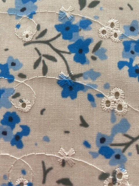 Cobalt Blue Flower Bunches on Embroidered Broderie Anglais, Cotton Fee